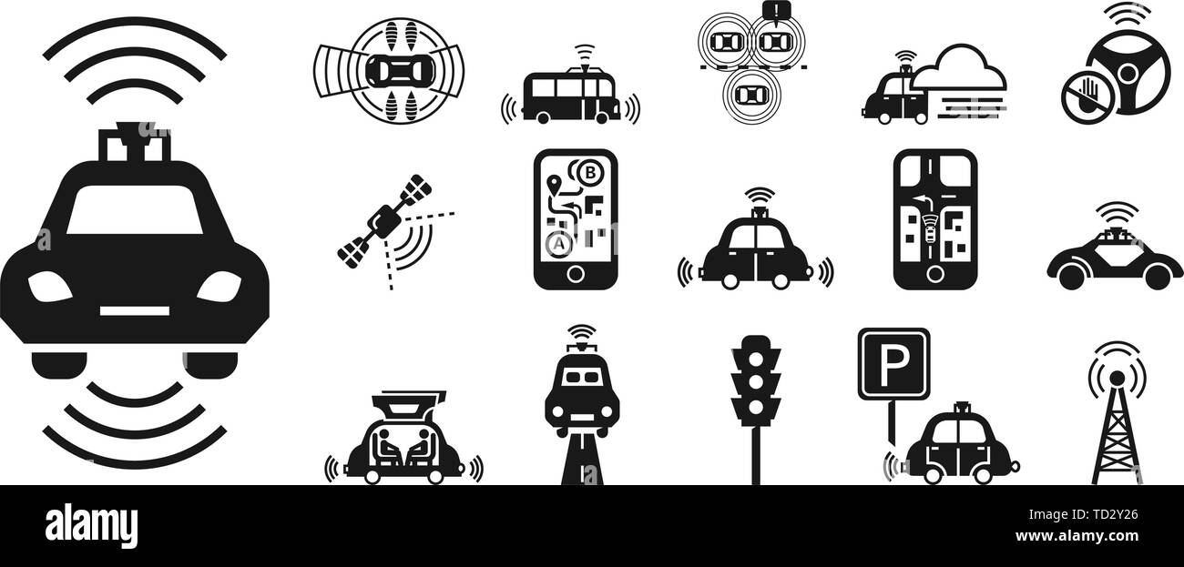 Driverless car icons set. Simple set of driverless car vector icons for ...