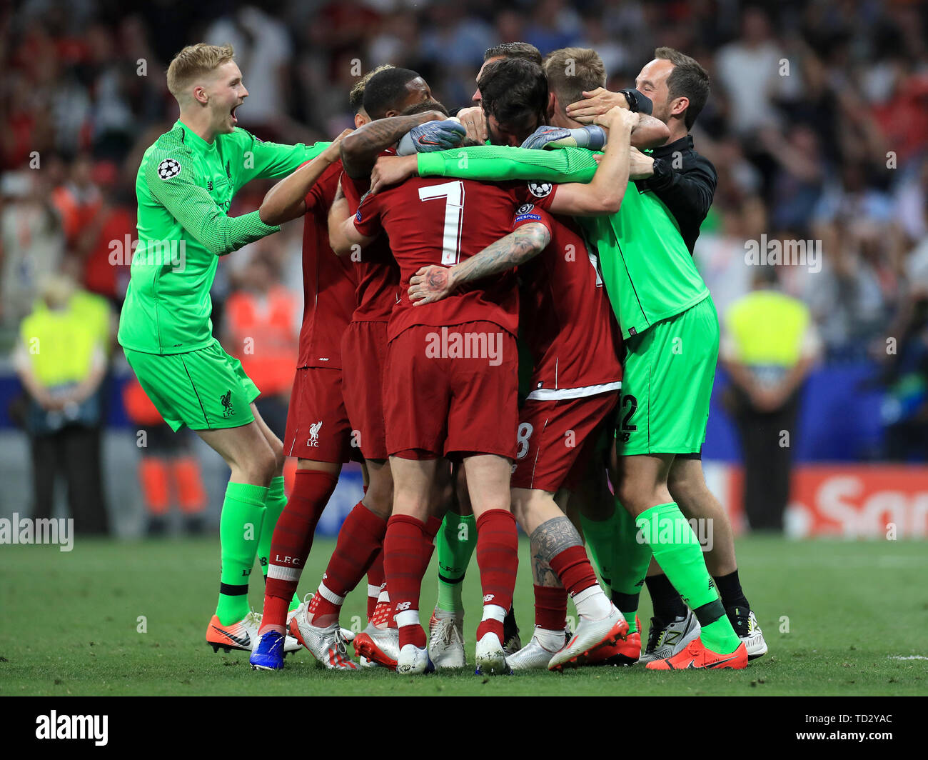 Liverpool players celebrate at the final whistle during the UEFA ...