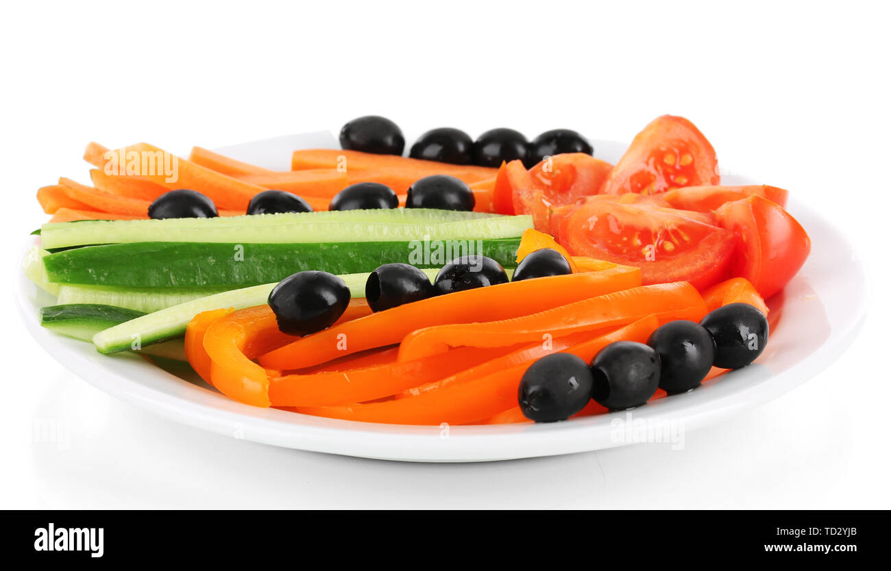 Assorted raw vegetables sticks in plate isolated on white Stock Photo ...