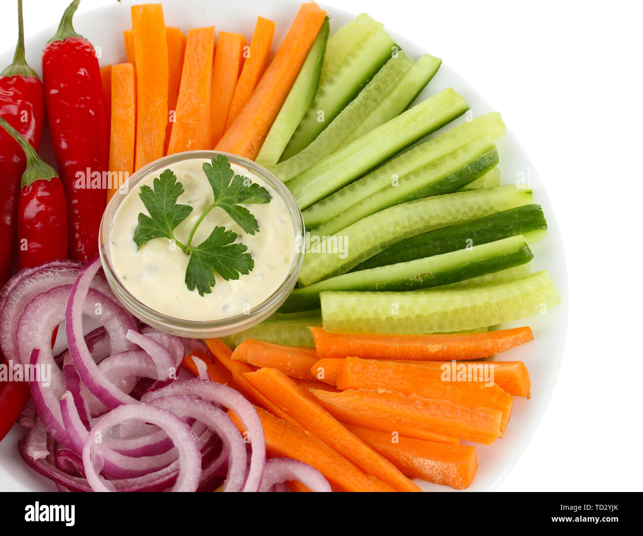 Assorted raw vegetables sticks in plate isolated on white Stock Photo ...