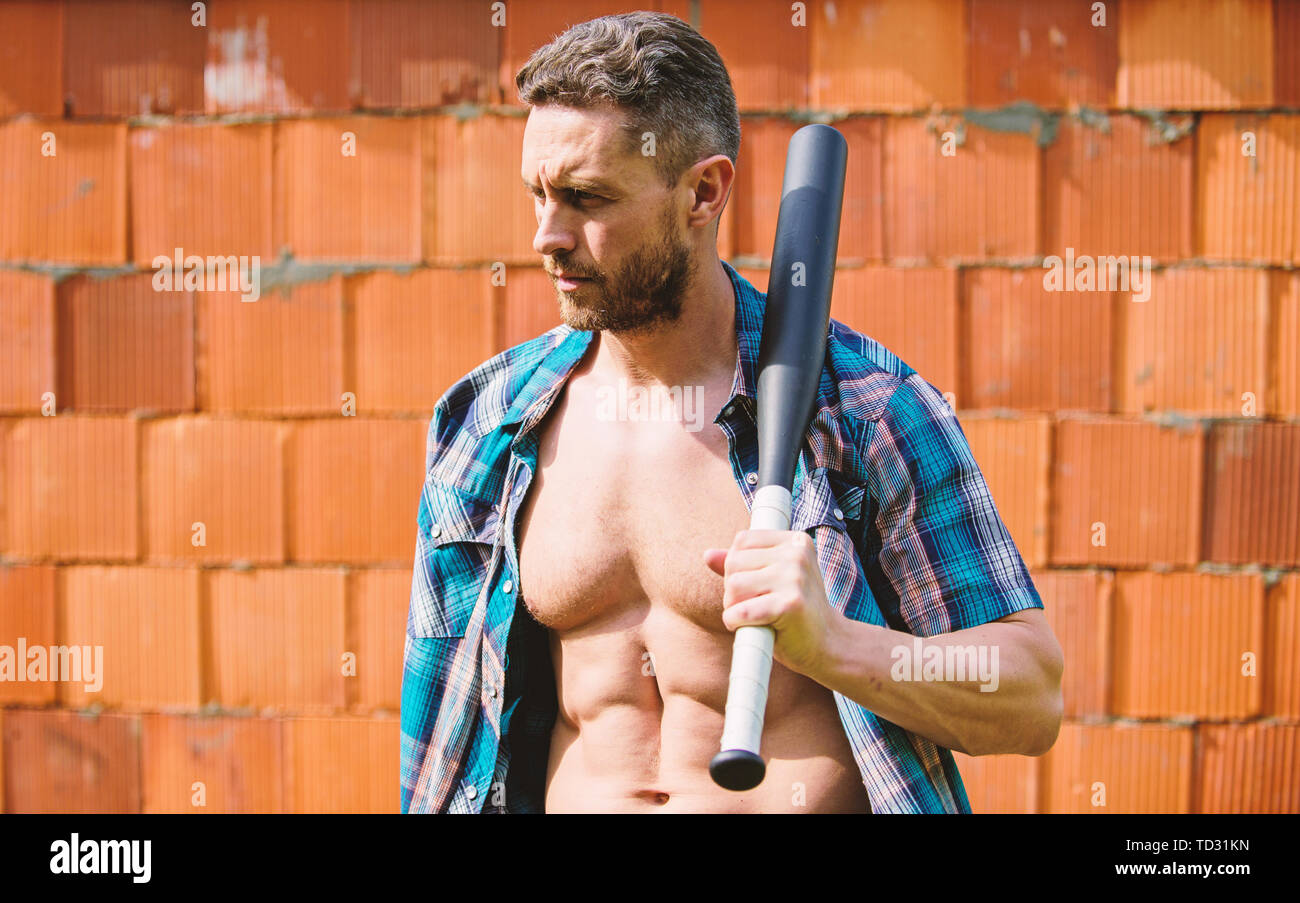 Principle concept. Confident his strength. Bully guy carry cudgel brick ...