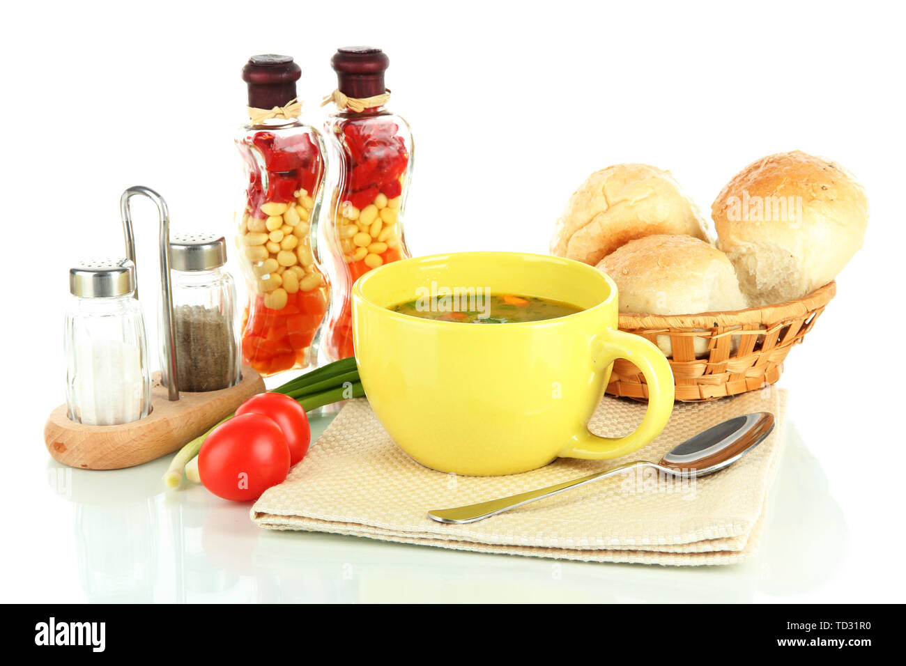 Fragrant soup in cup isolated on white Stock Photo - Alamy