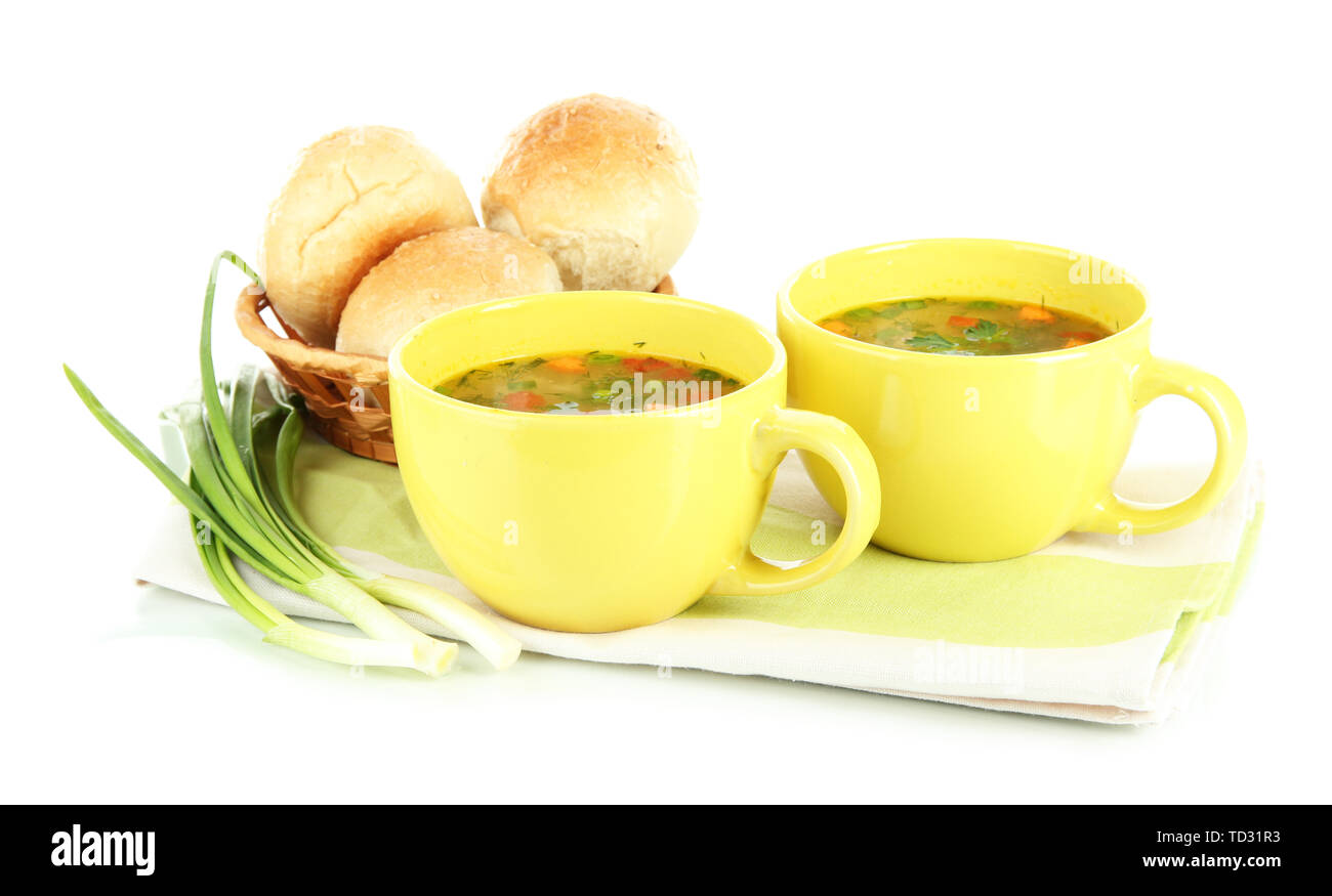 Fragrant soup in cups isolated on white Stock Photo - Alamy