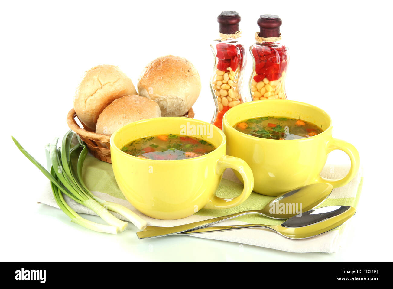 Fragrant soup in cups isolated on white Stock Photo - Alamy