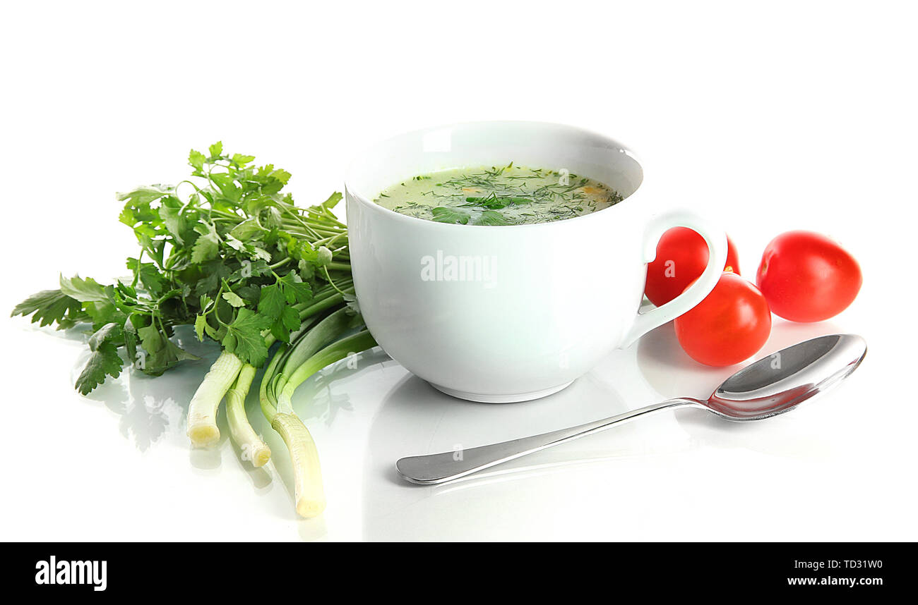 Fragrant soup in cup isolated on white Stock Photo - Alamy