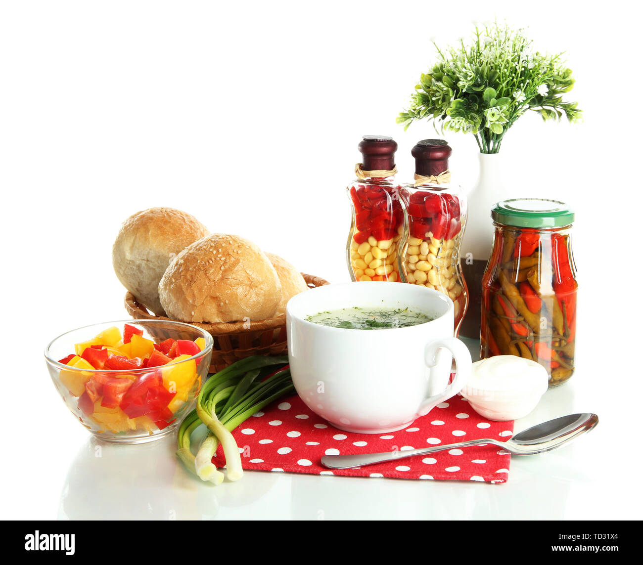 Fragrant soup in cup isolated on white Stock Photo - Alamy