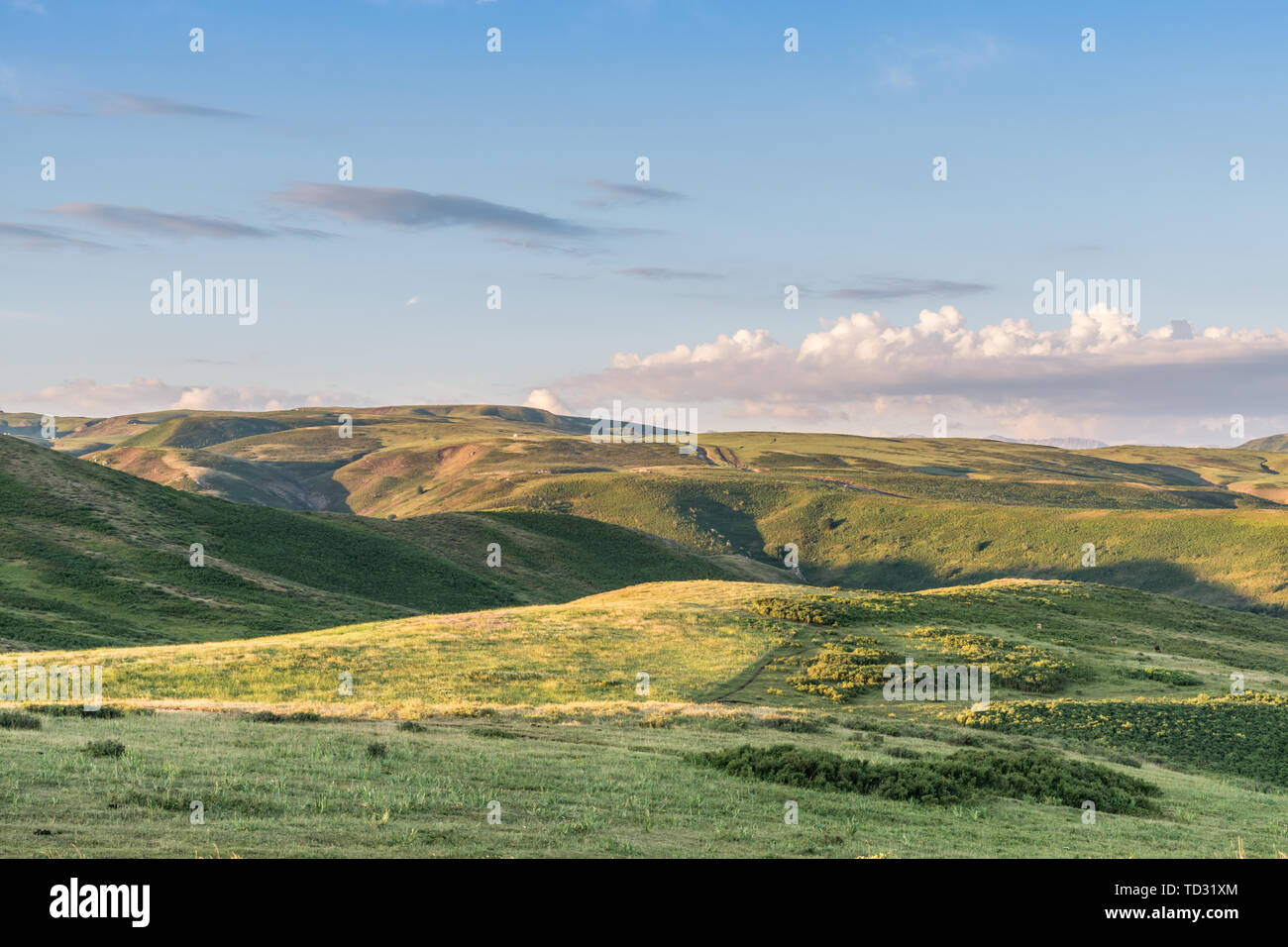 Hillside Prairie Road under blue sky and white clouds Stock Photo - Alamy
