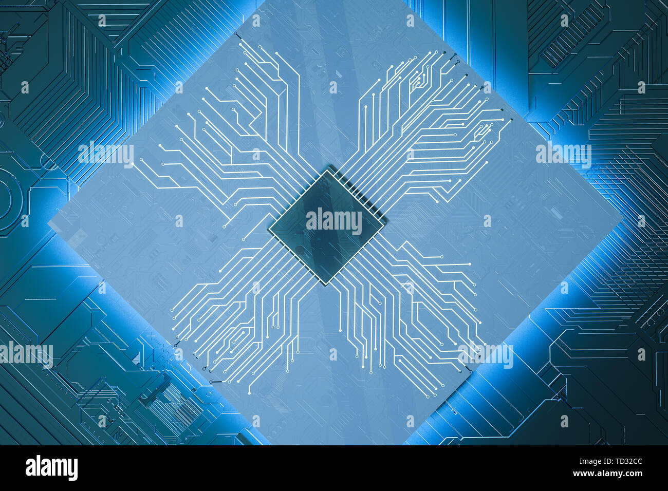 Three-dimensional rendering, circuit board with blue chip Stock Photo ...