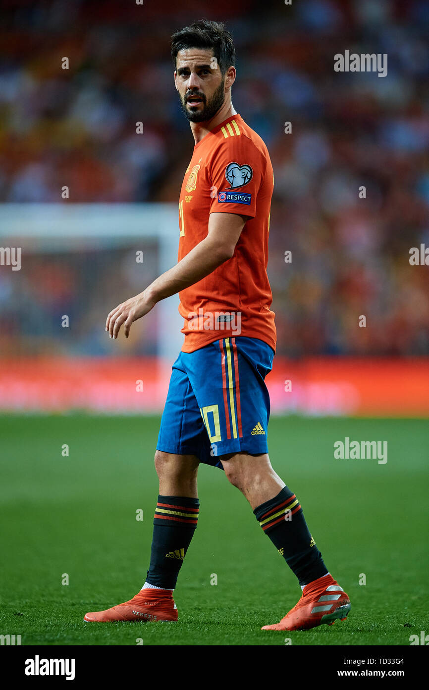 MADRID, SPAIN - JUNE 10: Isco of Spain in looks on during the UEFA Euro ...