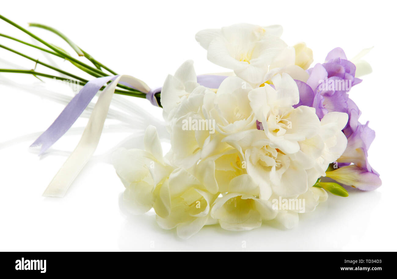 Beautiful bouquet of freesias, isolated on white Stock Photo - Alamy