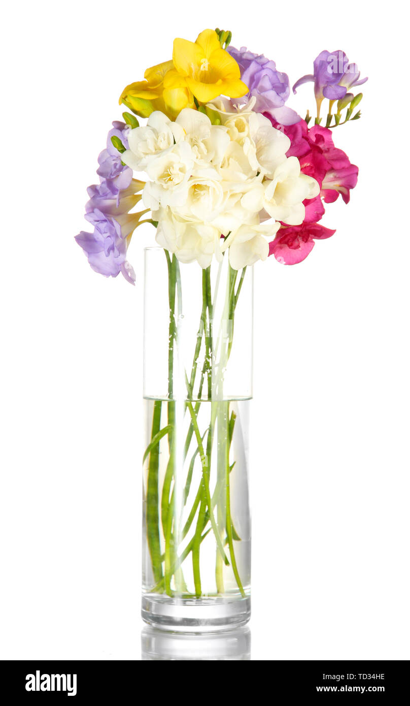 Beautiful bouquet of freesias in transparent vase, isolated on white ...