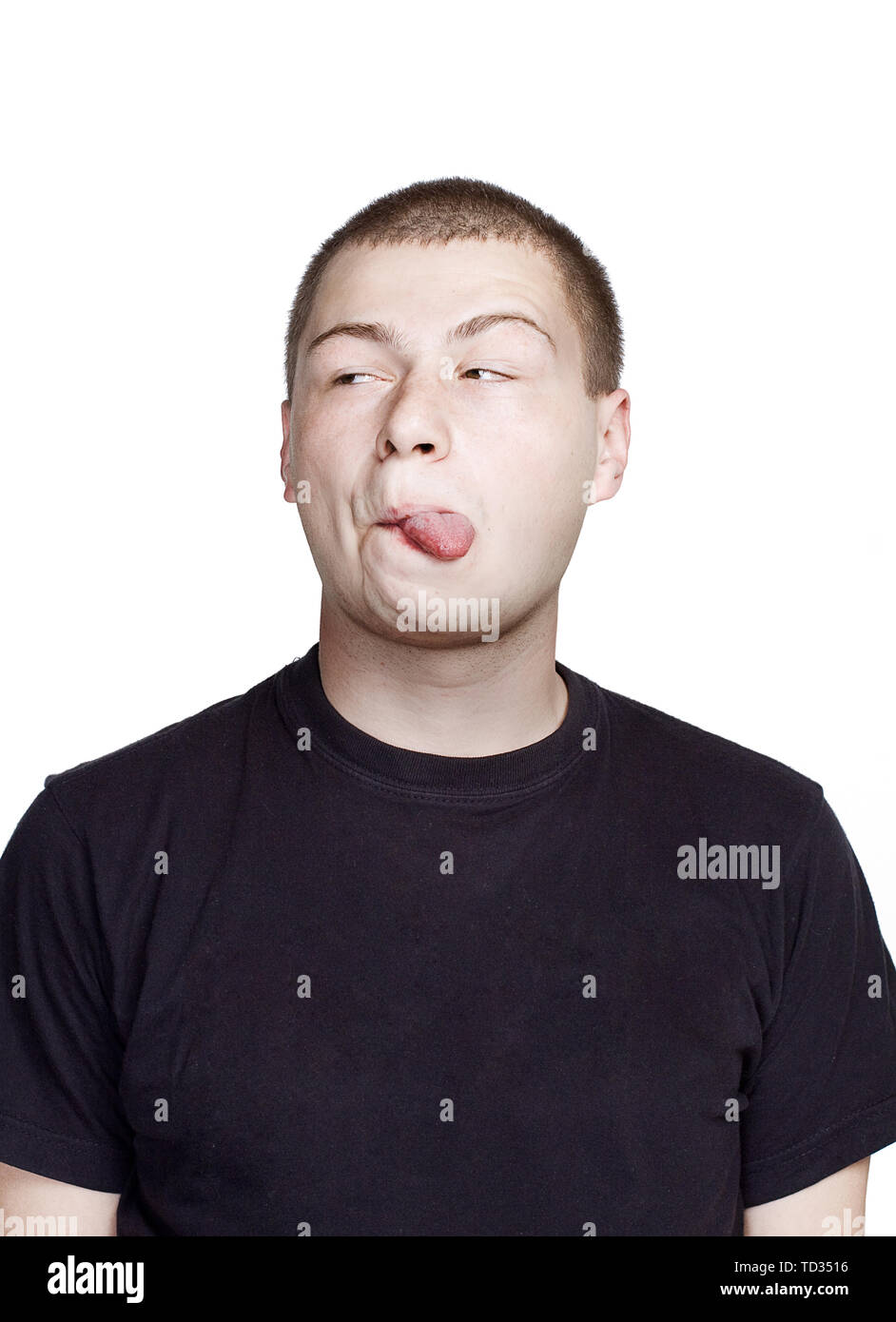 Portrait of young man. Facial expression. surprise with tongue face ...