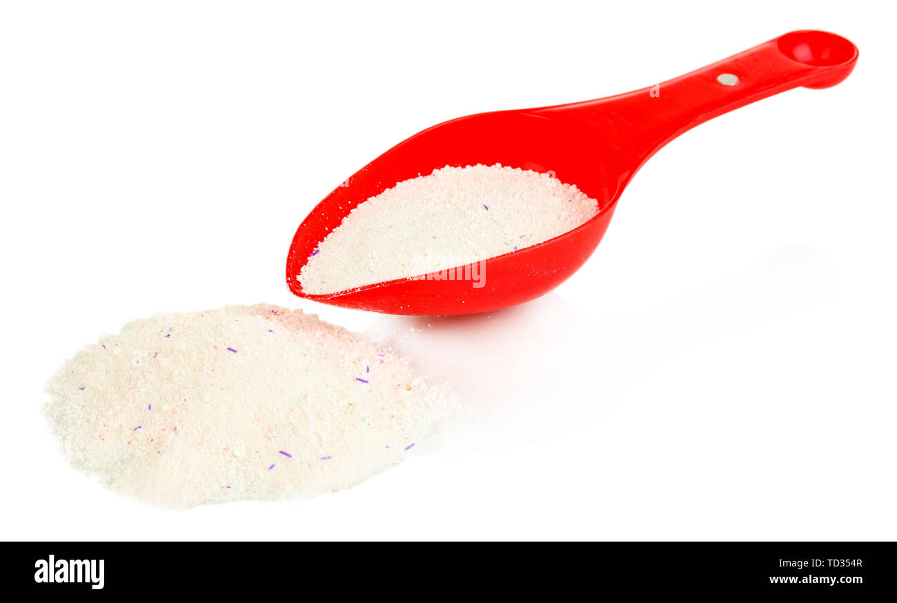 Washing powder in measuring cup isolated on white Stock Photo - Alamy