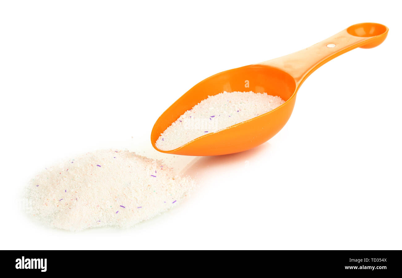 Washing powder in measuring cup isolated on white Stock Photo - Alamy