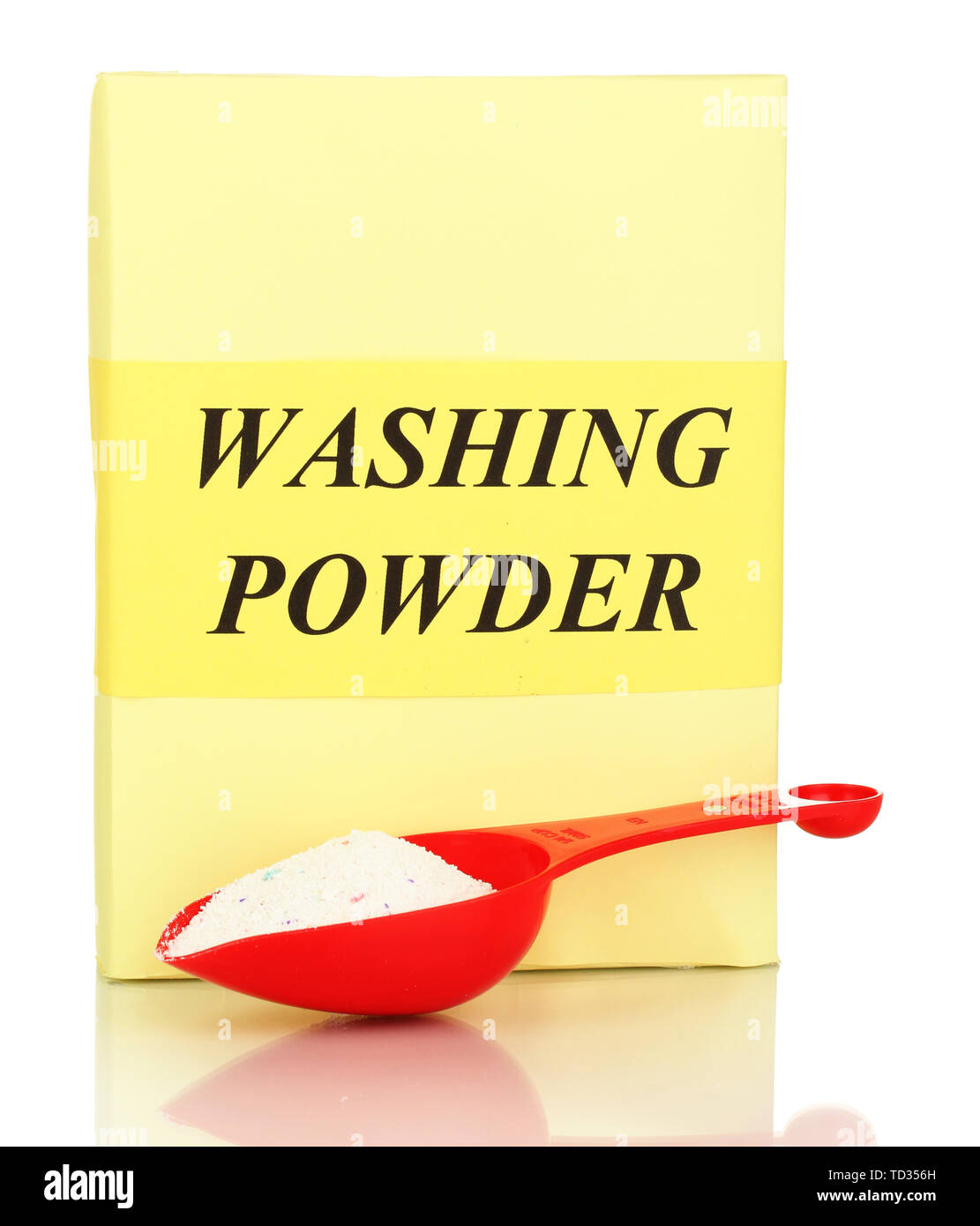 Washing powder and measuring cup isolated on white Stock Photo - Alamy