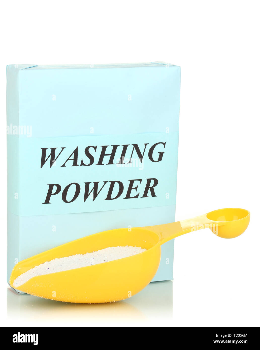Washing powder and measuring cup isolated on white Stock Photo - Alamy