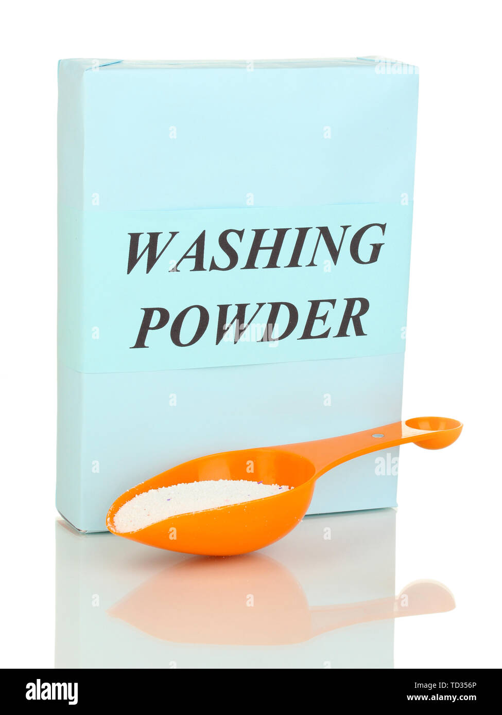 Washing powder and measuring cup isolated on white Stock Photo - Alamy