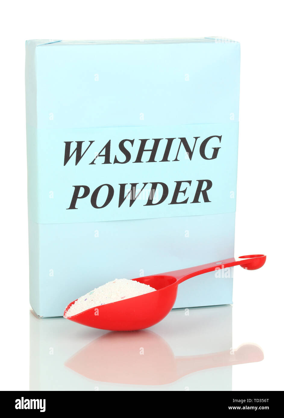Washing powder and measuring cup isolated on white Stock Photo - Alamy