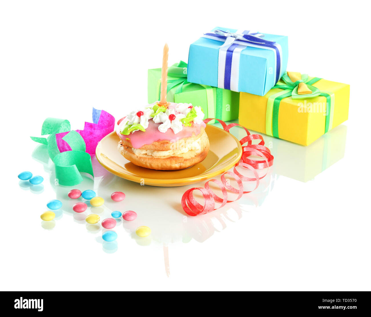 Colorful birthday cake with candle and gifts isolated on white Stock ...