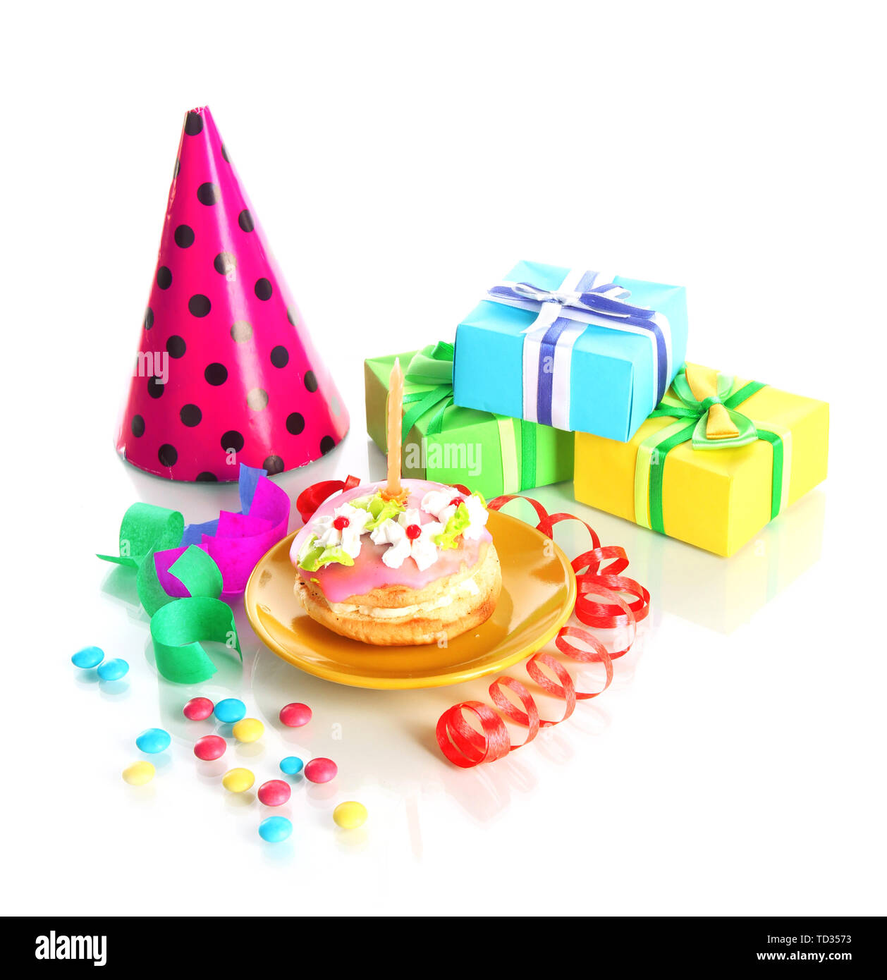 Colorful birthday cake with candle and gifts isolated on white Stock ...