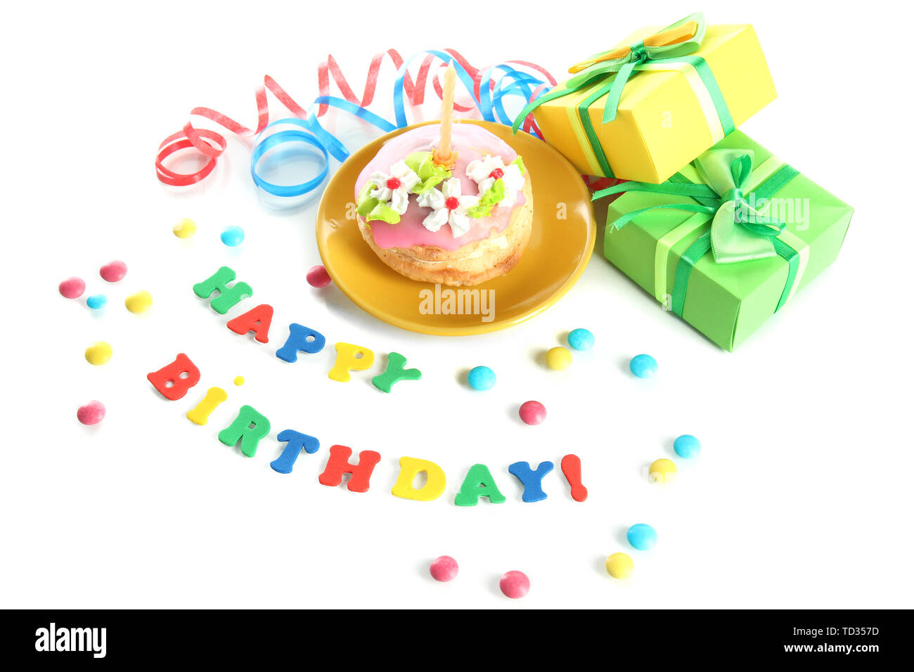 Colorful birthday cake with candle and gifts isolated on white Stock ...