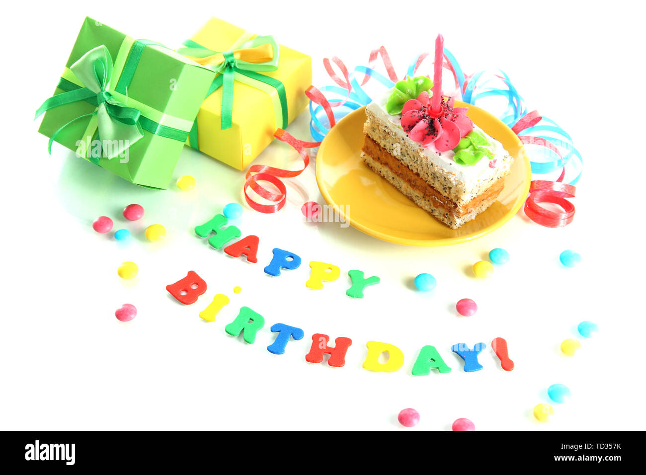 Colorful birthday cake with candle and gifts isolated on white Stock ...