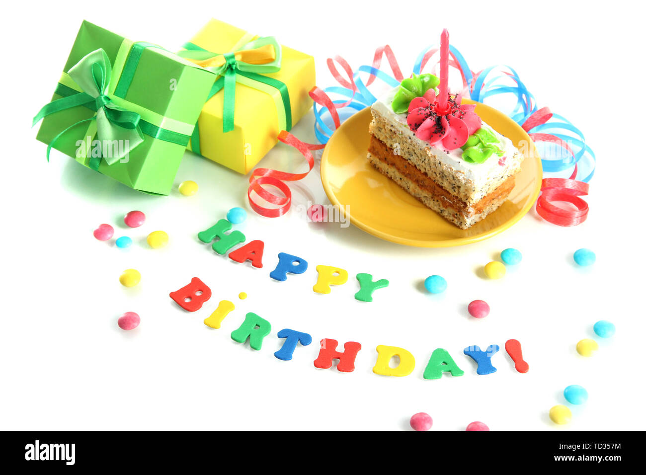 Colorful birthday cake with candle and gifts isolated on white Stock ...
