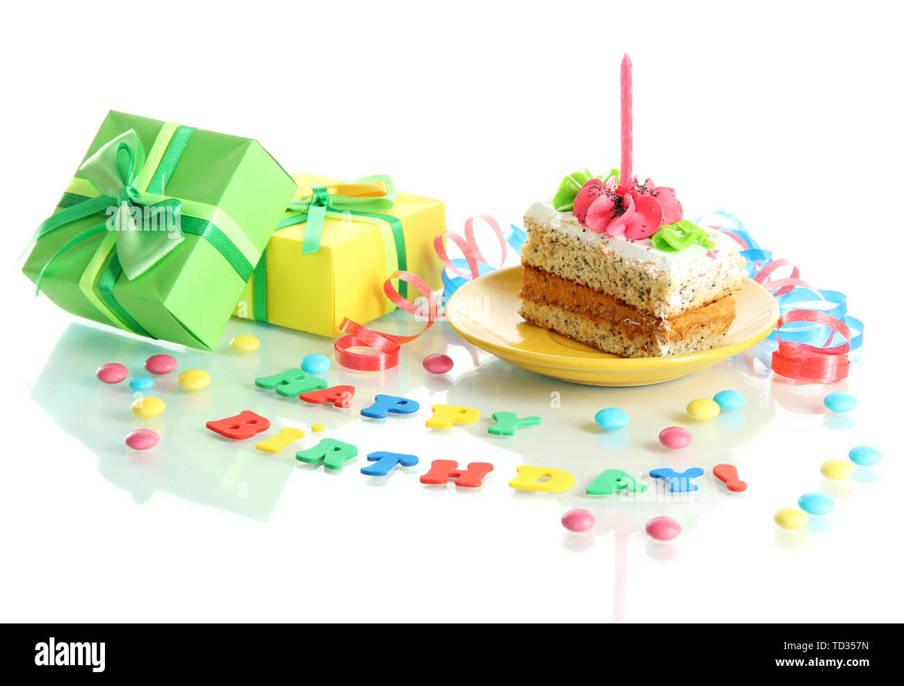 Colorful birthday cake with candle and gifts isolated on white Stock ...