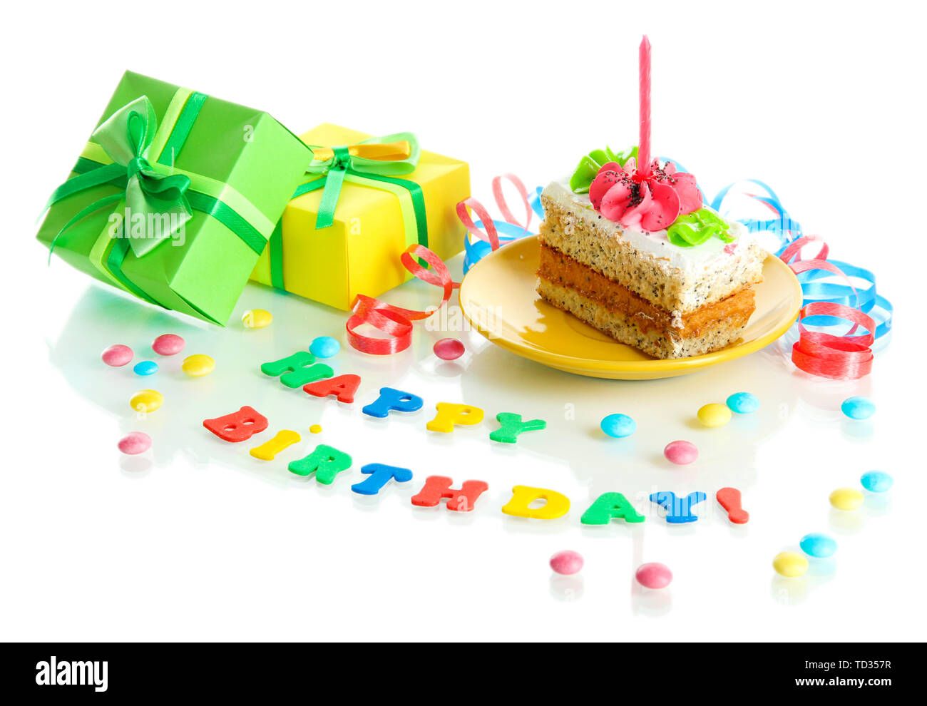 Colorful birthday cake with candle and gifts isolated on white Stock ...