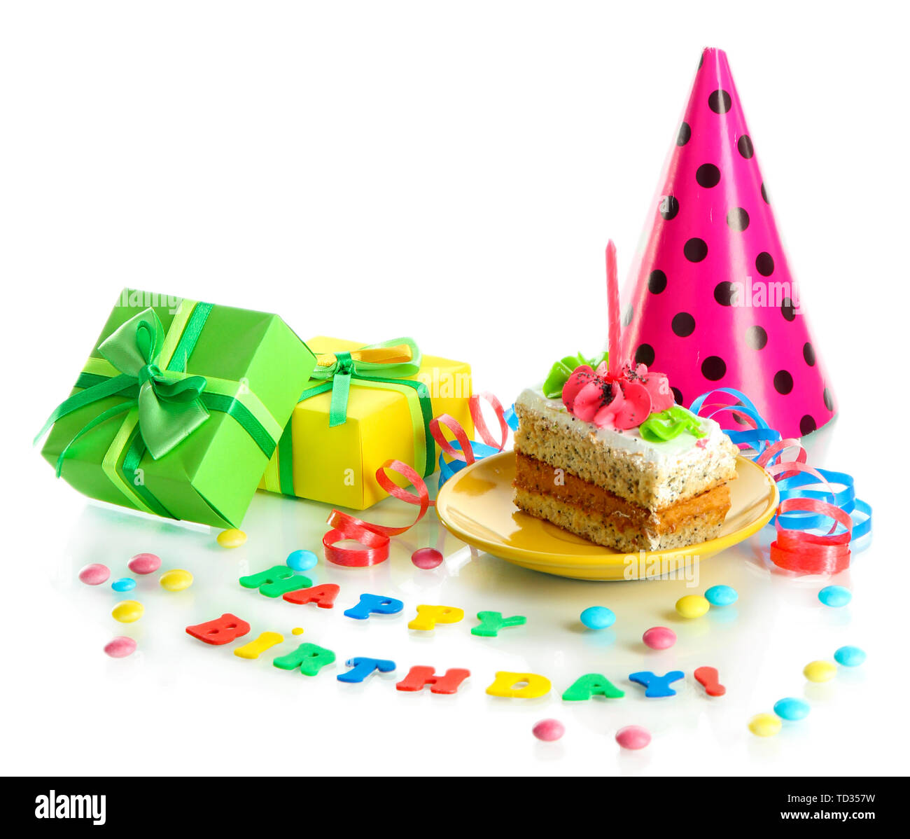 Colorful birthday cake with candle and gifts isolated on white Stock ...
