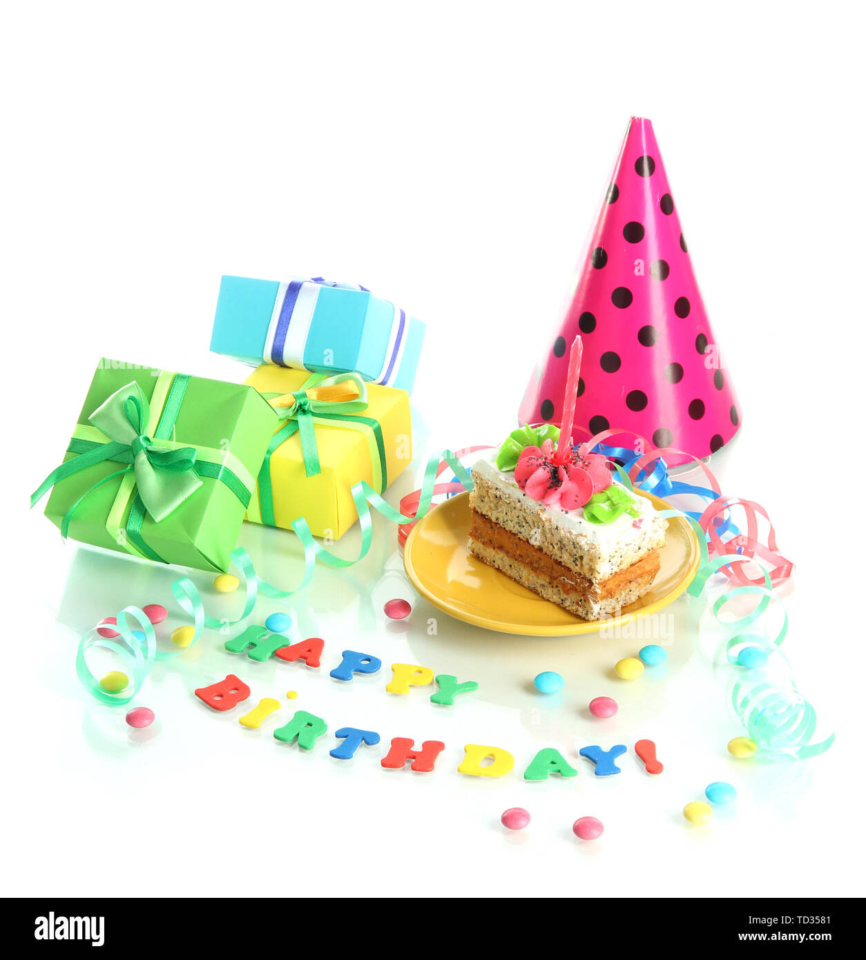Colorful birthday cake with candle and gifts isolated on white Stock ...