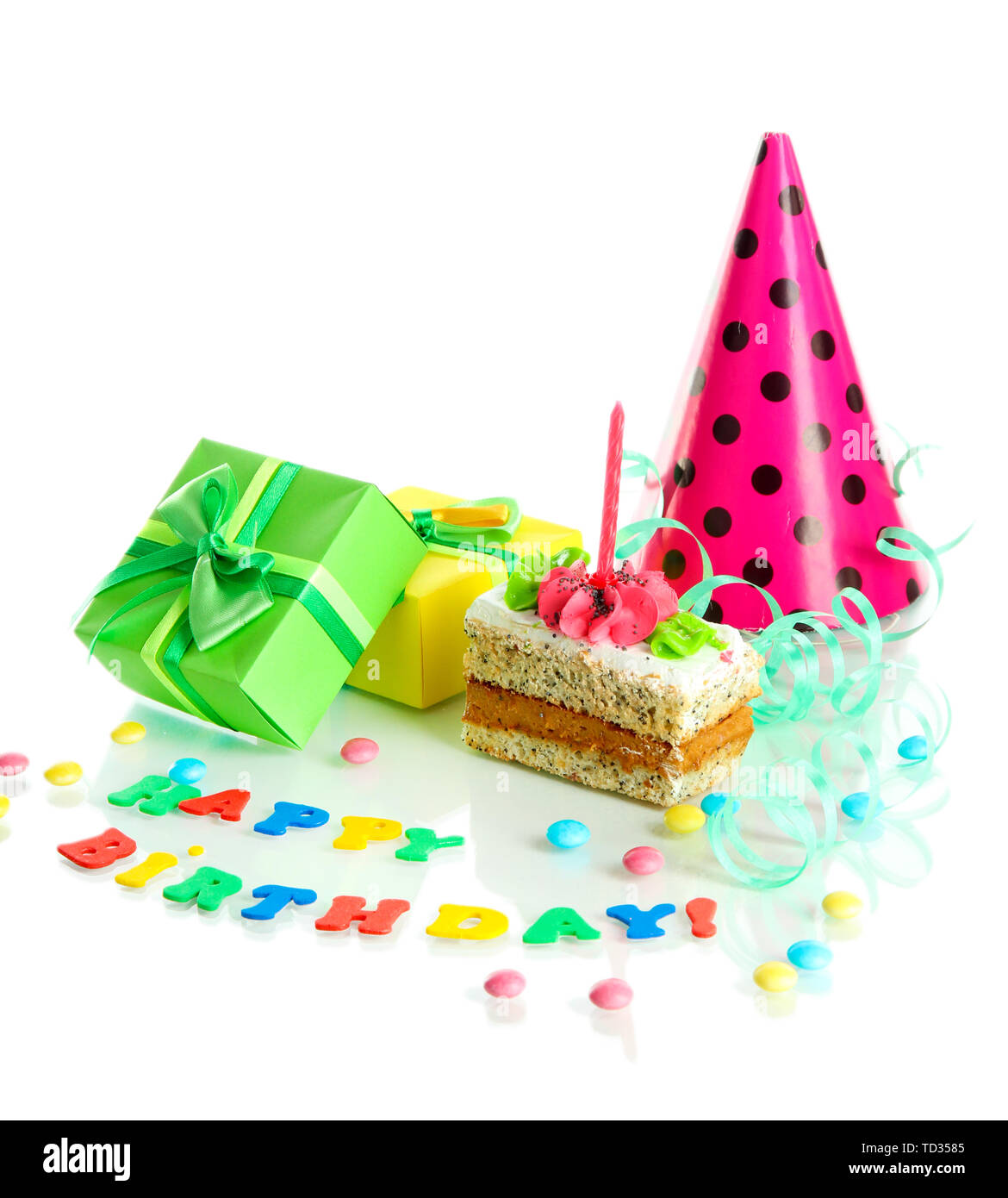 Colorful birthday cake with candle and gifts isolated on white Stock ...