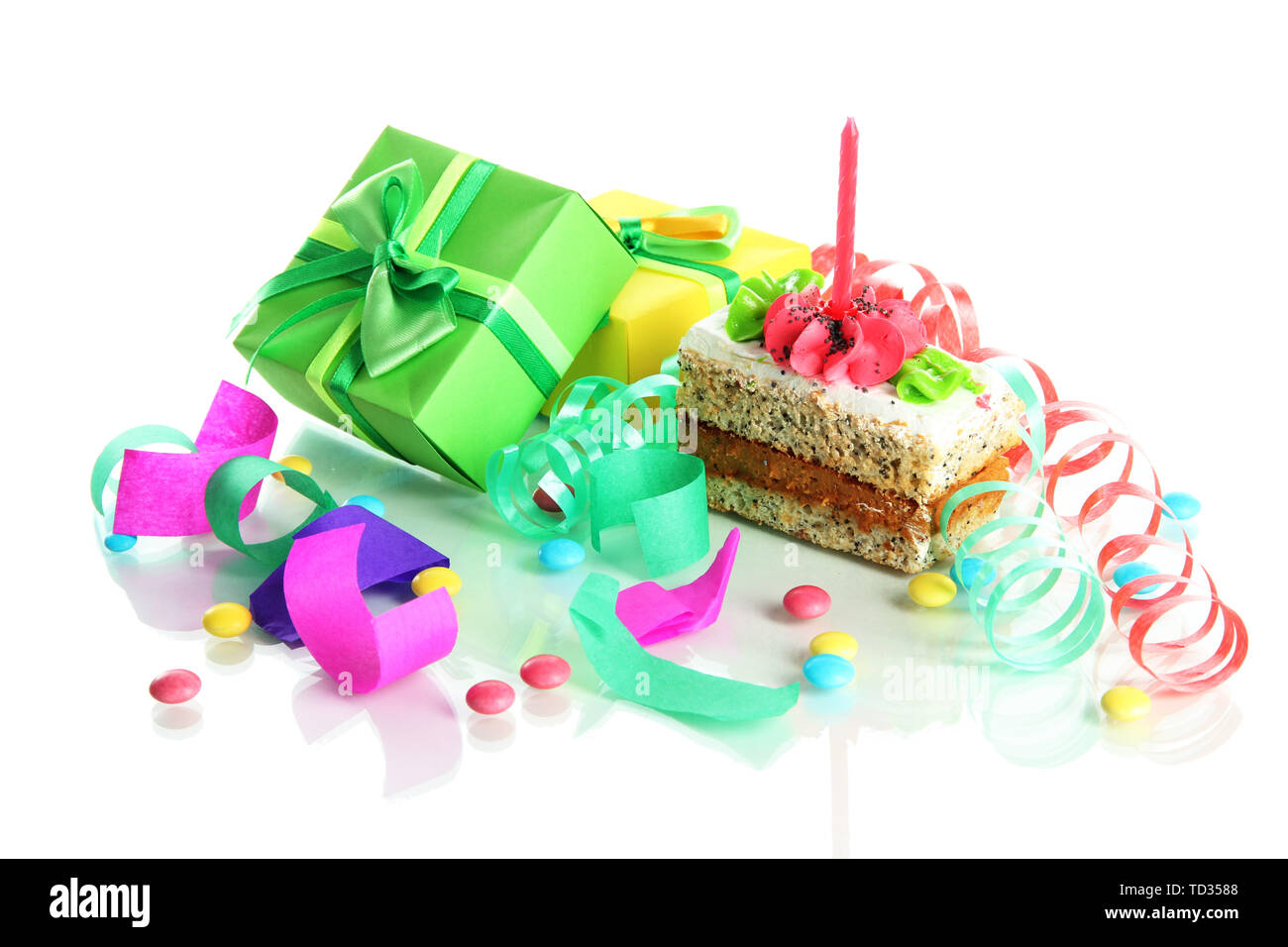 Colorful birthday cake with candle and gifts isolated on white Stock ...