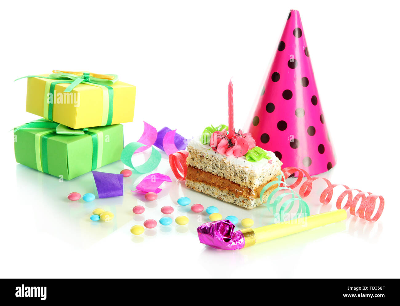 Colorful birthday cake with candle and gifts isolated on white Stock ...
