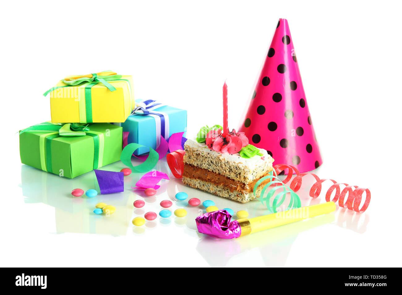 Colorful birthday cake with candle and gifts isolated on white Stock ...