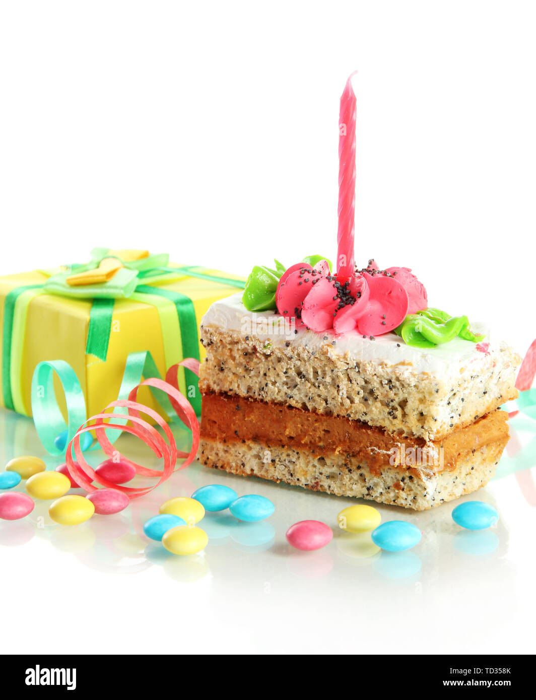 Colorful birthday cake with candle and gifts isolated on white Stock ...