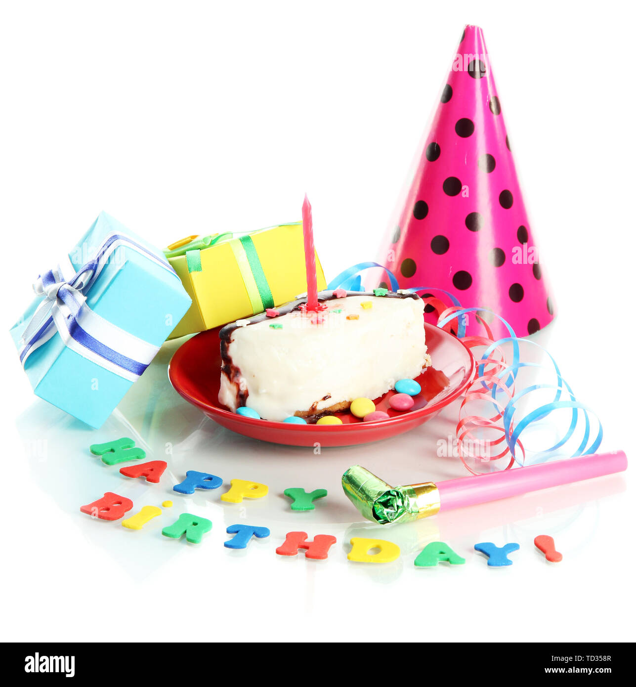 Colorful birthday cake with candle and gifts isolated on white Stock ...