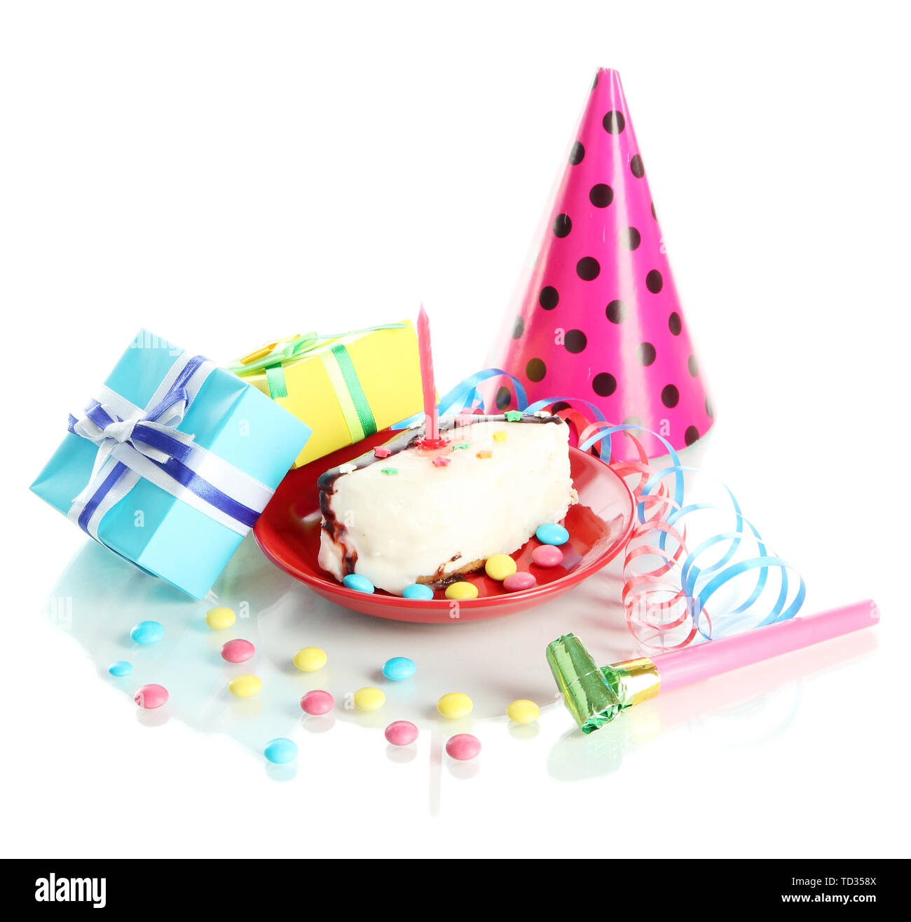 Colorful birthday cake with candle and gifts isolated on white Stock ...