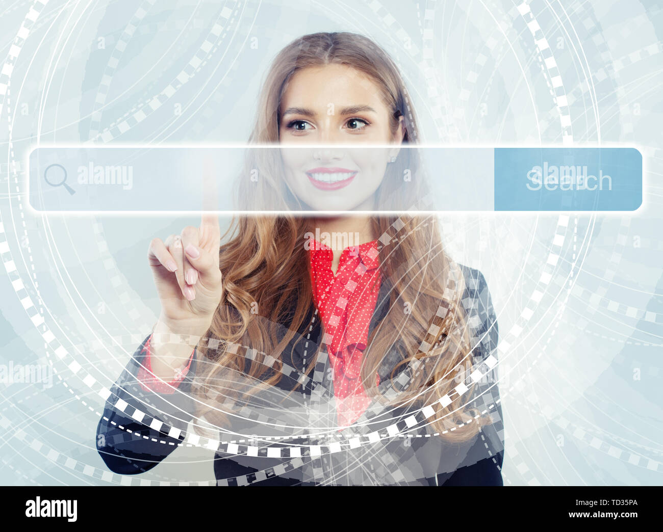 Pretty woman student smiling and pointing to empty address bar in ...