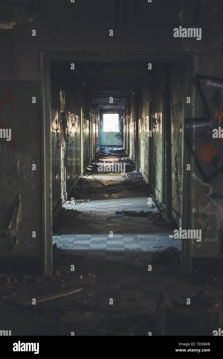 Indoors shot of an old abandoned facility in a suburban city Stock ...