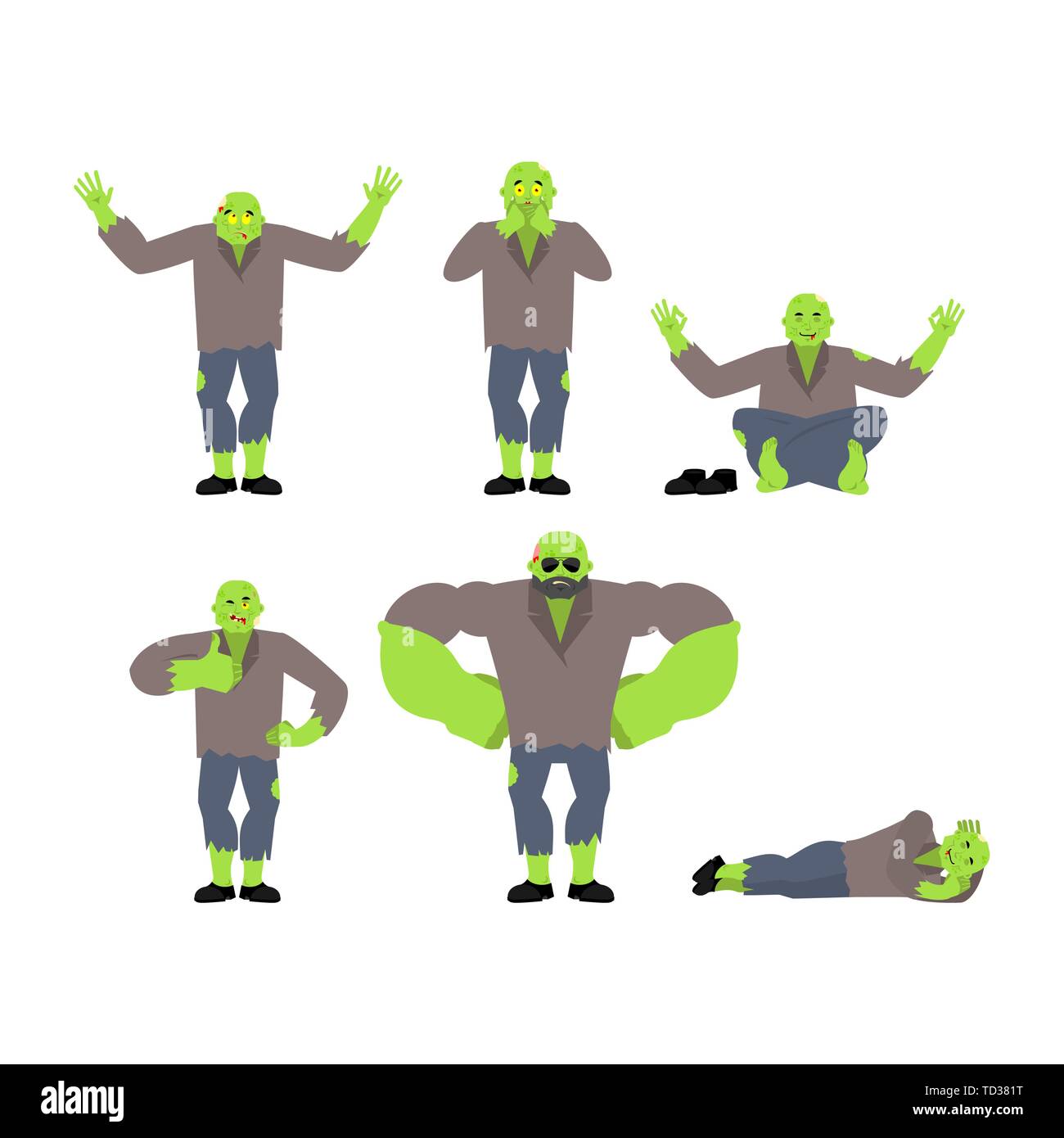 Zombie set poses. Living Dead happy and yoga. Undead sleeping and angry ...