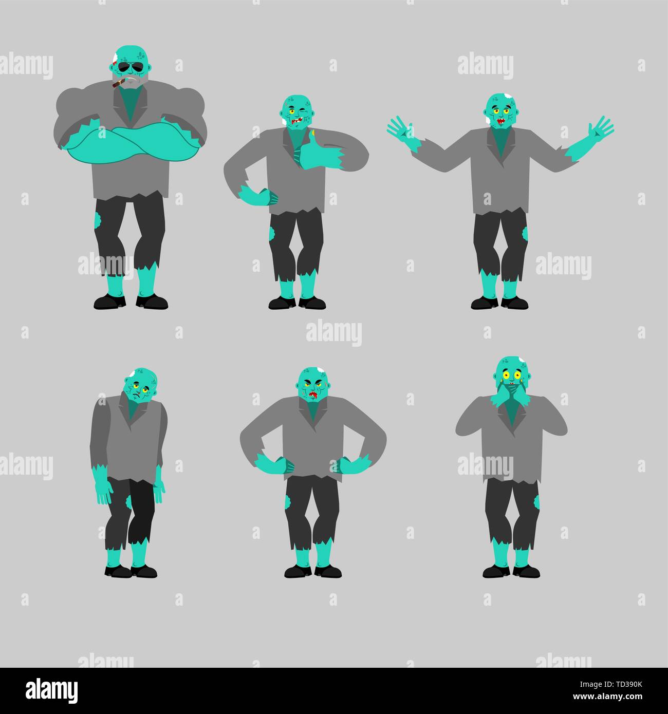Zombie set poses. Living Dead happy. Undead sleeping and angry. guilty ...