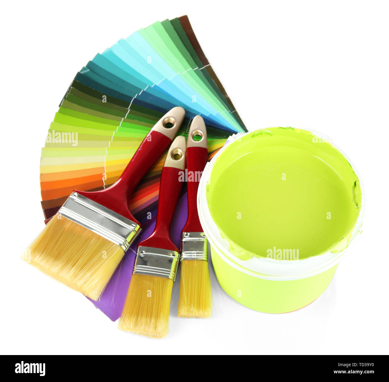 Set for painting: paint pot, brushes and palette of colors isolated on ...