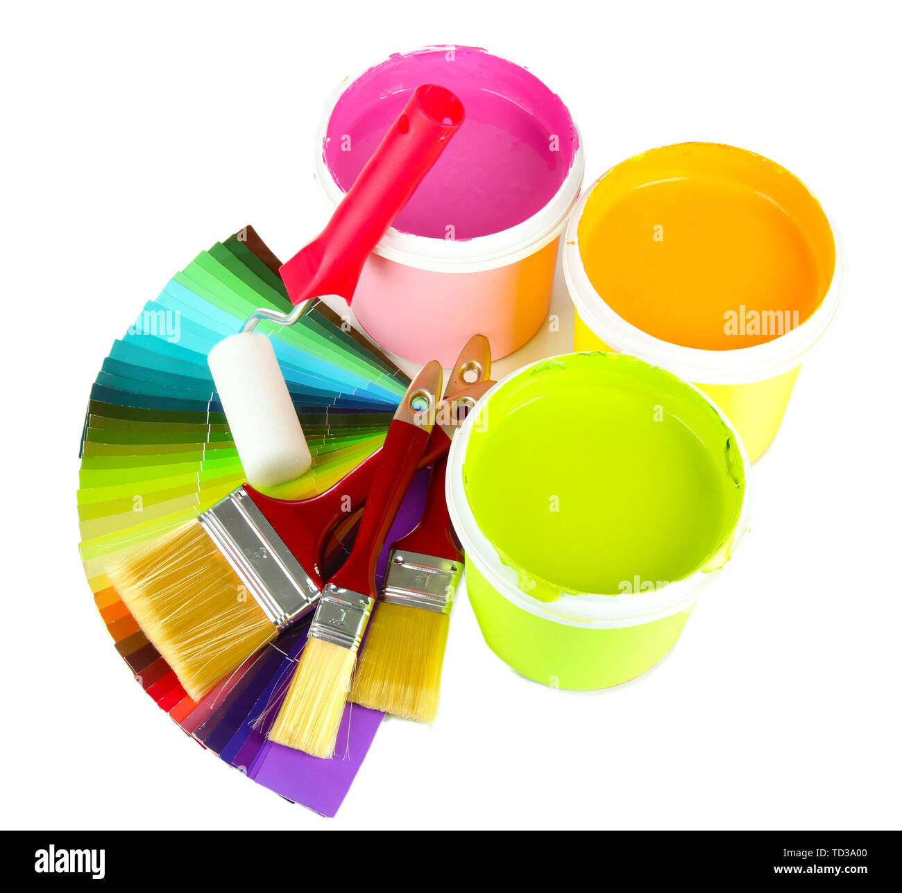 Set for painting: paint pot, brushes, paint-roller and palette of ...