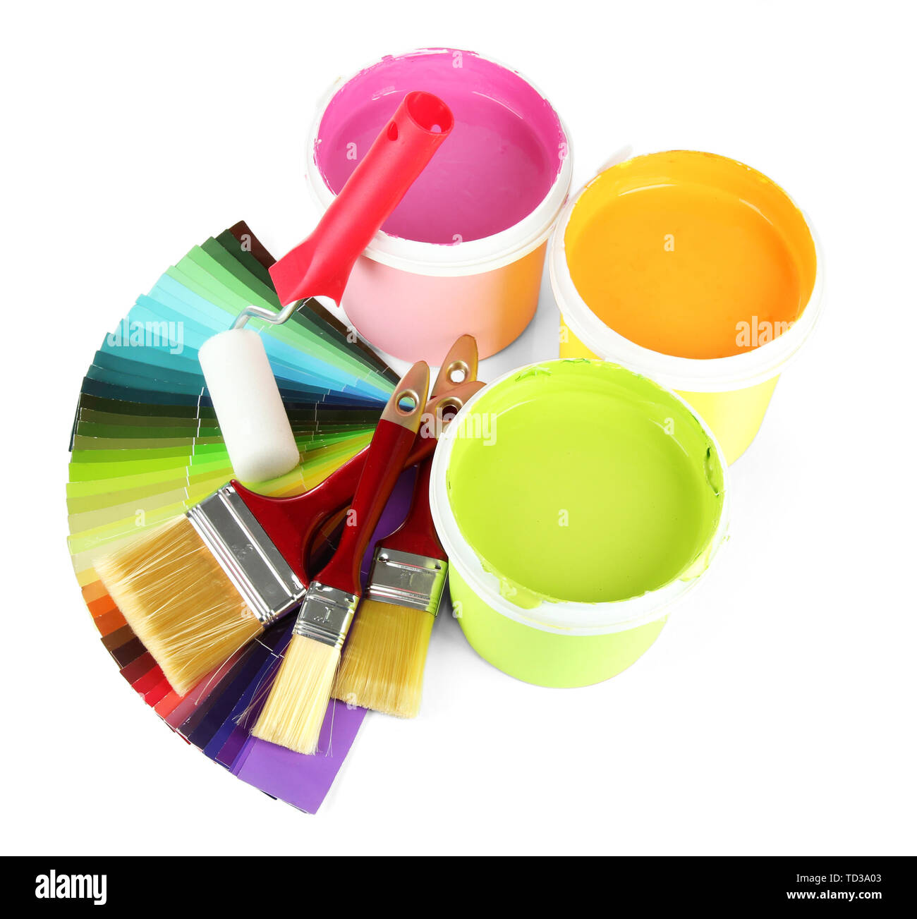 Set for painting: paint pot, brushes, paint-roller and palette of ...