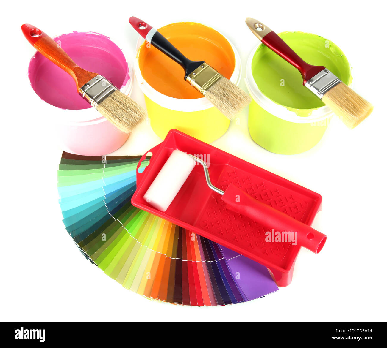 Set for painting: paint pots, brushes, paint-roller and palette of ...