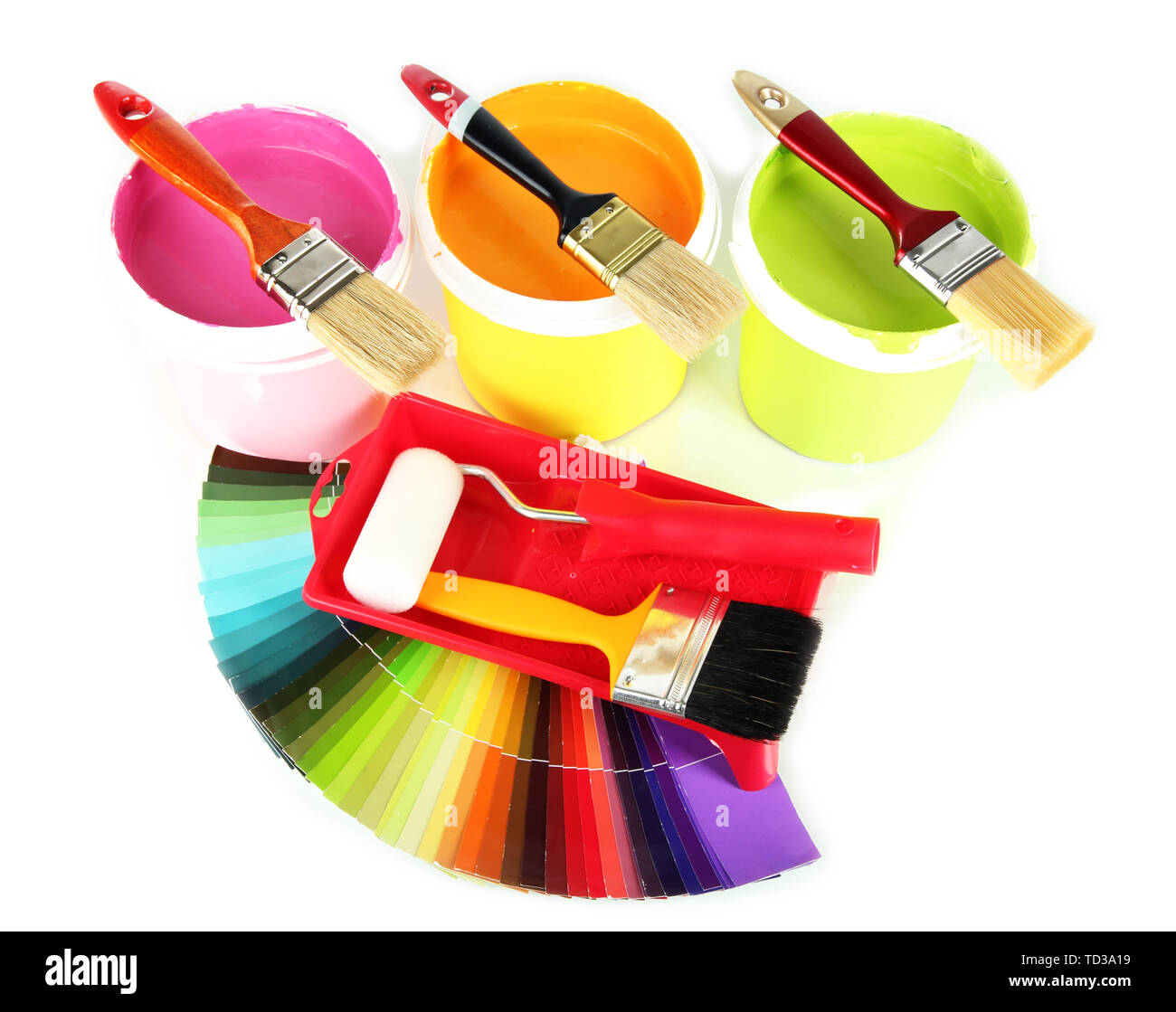 Set for painting: paint pots, brushes, paint-roller and palette of ...