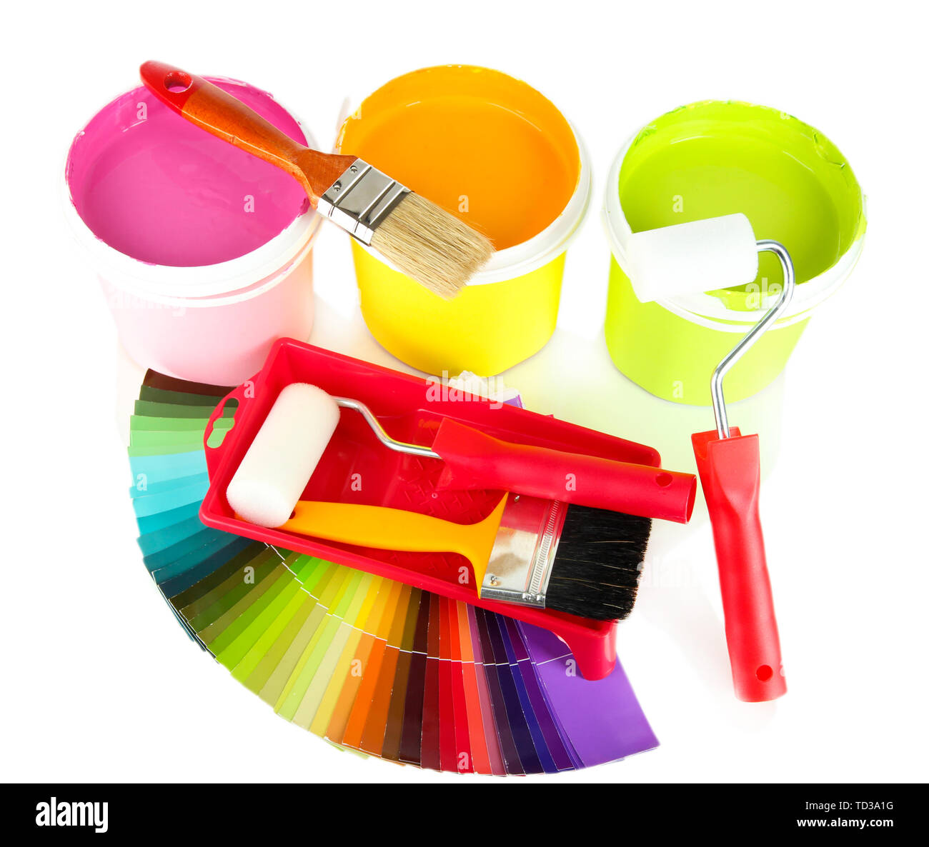 Set for painting: paint pots, brushes, paint-roller and palette of ...