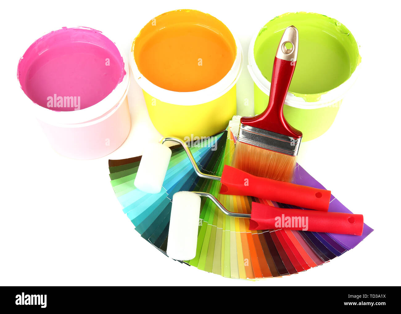 Set for painting: paint pots, brushes, paint-roller and palette of ...