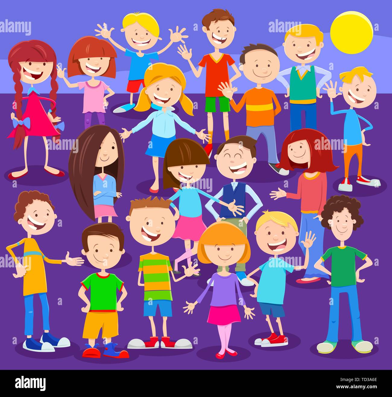 Cartoon Illustration of Happy Elementary Age Kids or Teenager ...